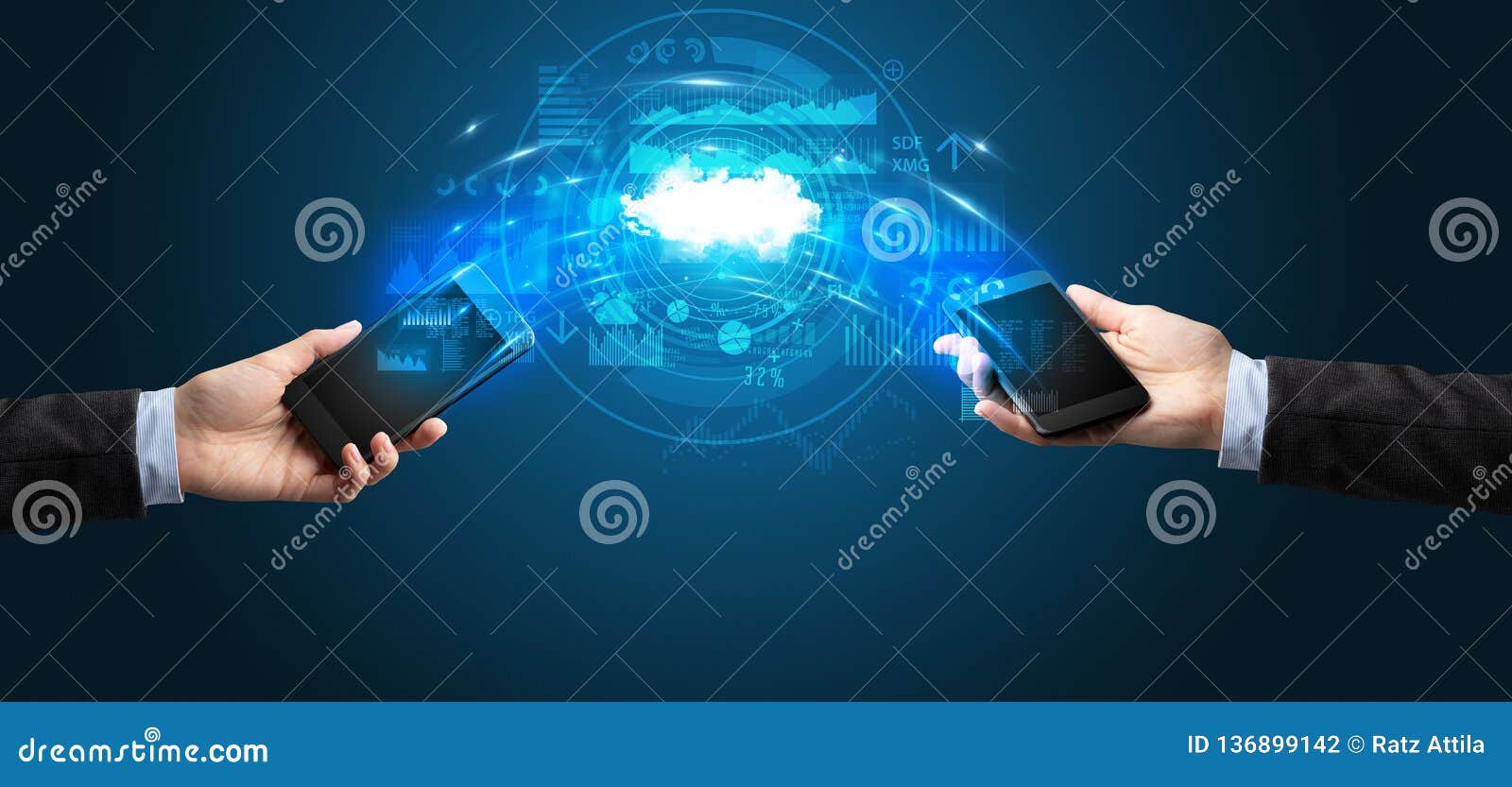 Phones Syncing through the Cloud Stock Photo - Image of sharing, paper ...