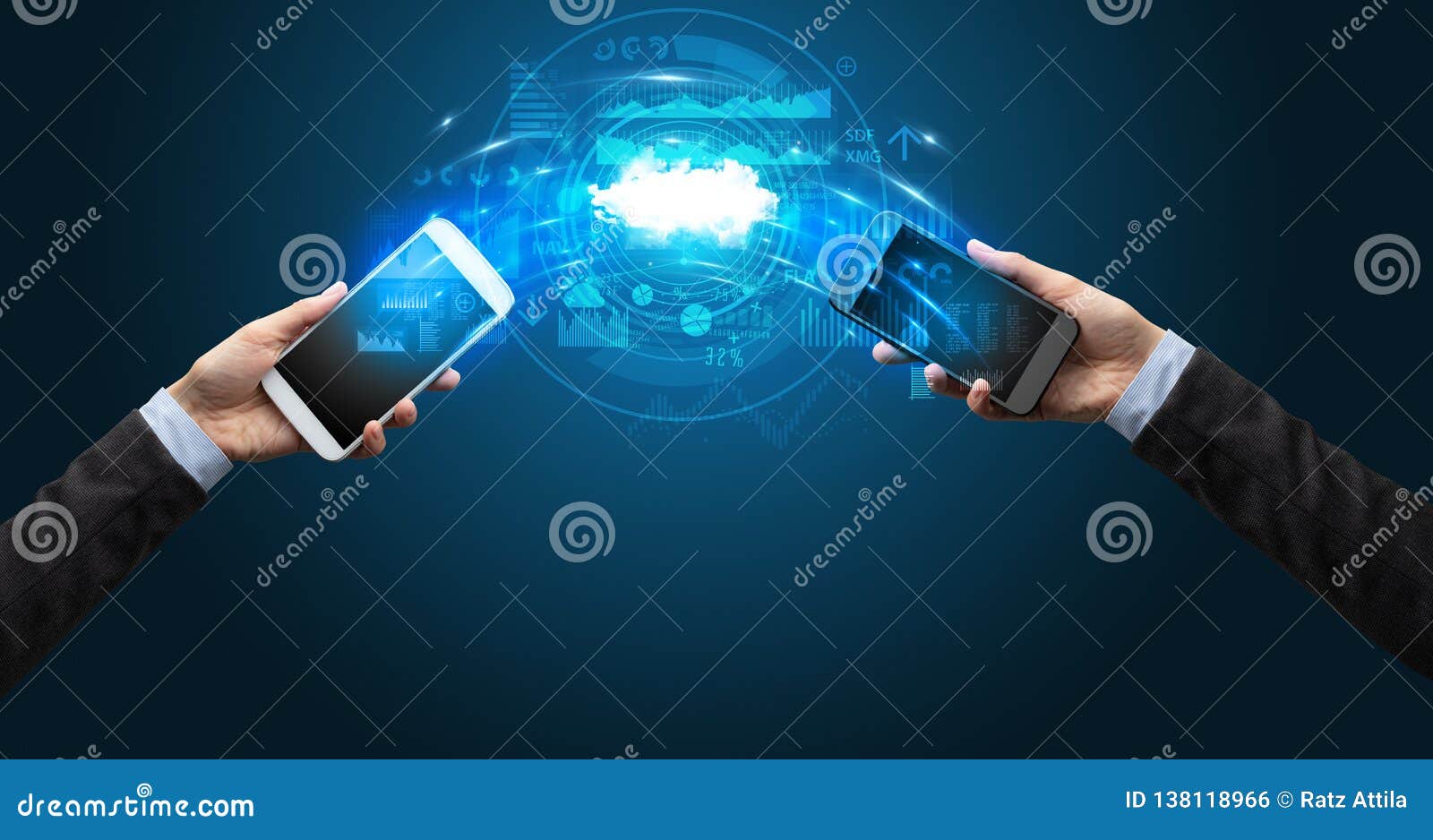 Phones Syncing through the Cloud Stock Photo - Image of share, concept ...