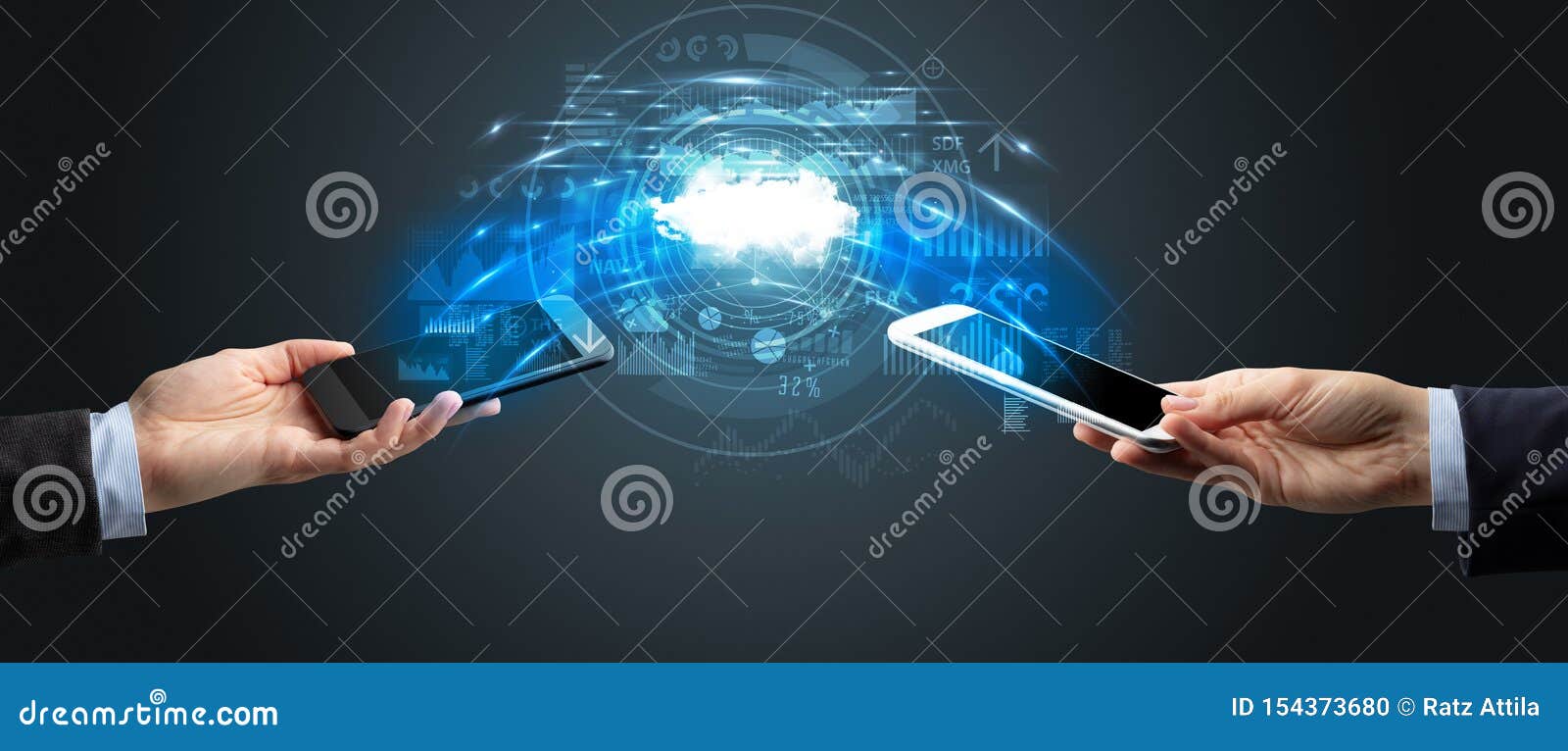 Phones Syncing through the Cloud Stock Photo - Image of exchange ...