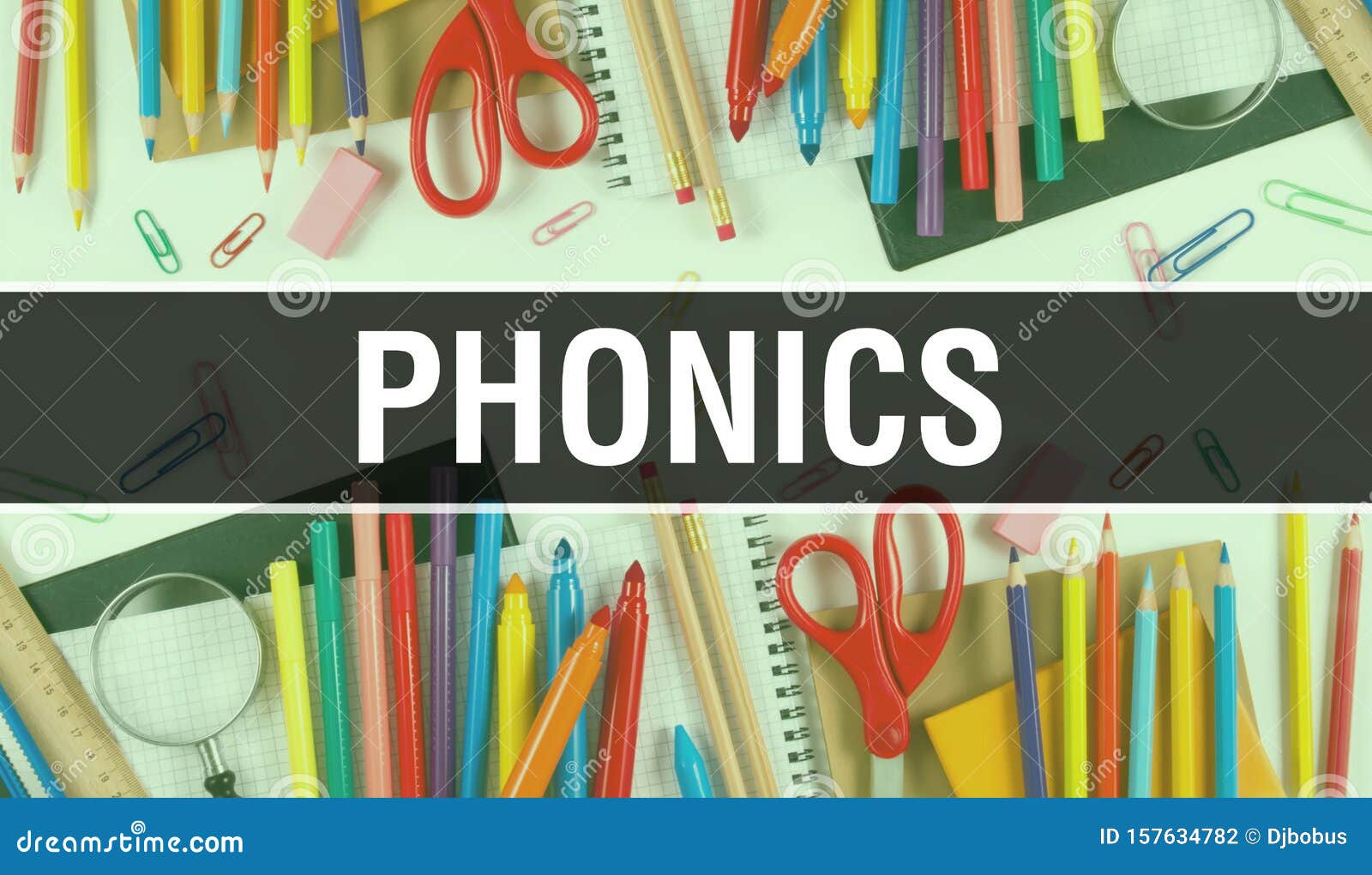 Phonics With School Supplies On Blackboard Background. Phonics Text On ...
