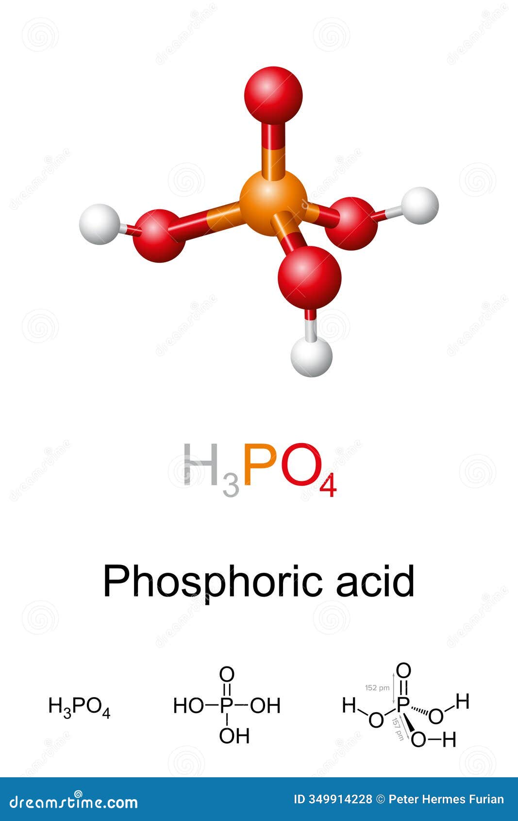 Phosphoric Acid, H3PO4, Molecule Model and Chemical Formula Stock ...