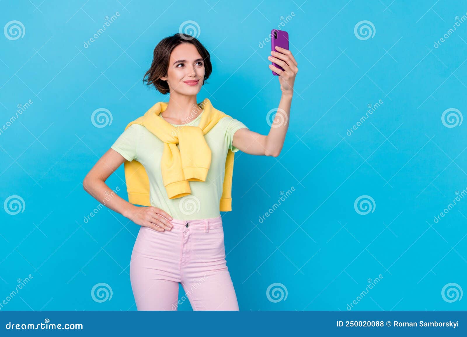 Photo Of Adorable Cute Lady Dressed Yellow Pullover Tacking Selfie