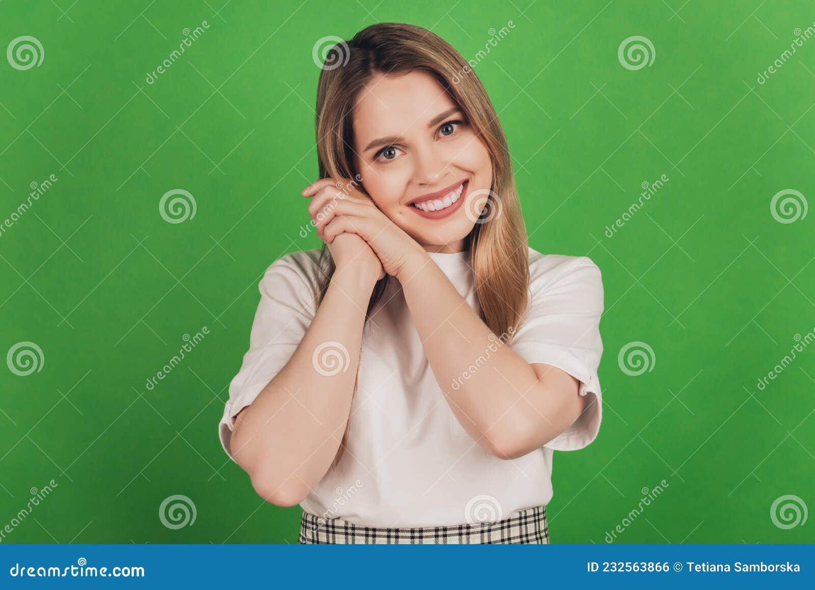 Photo Of Adorable Dream Nice Lady Hands Cheek Look Camera Shiny Smile