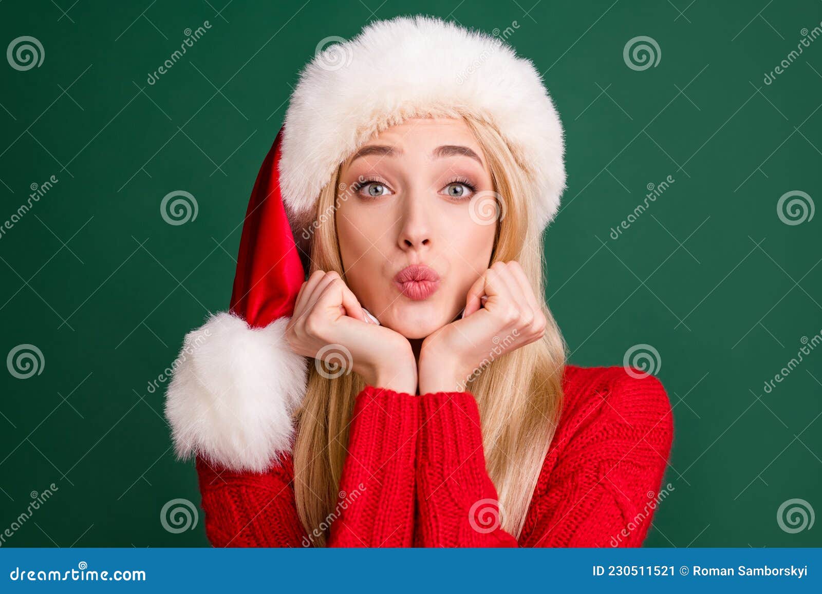 Photo Of Adorable Dreamy Young Lady Wear Red Sweater Headwear Sending