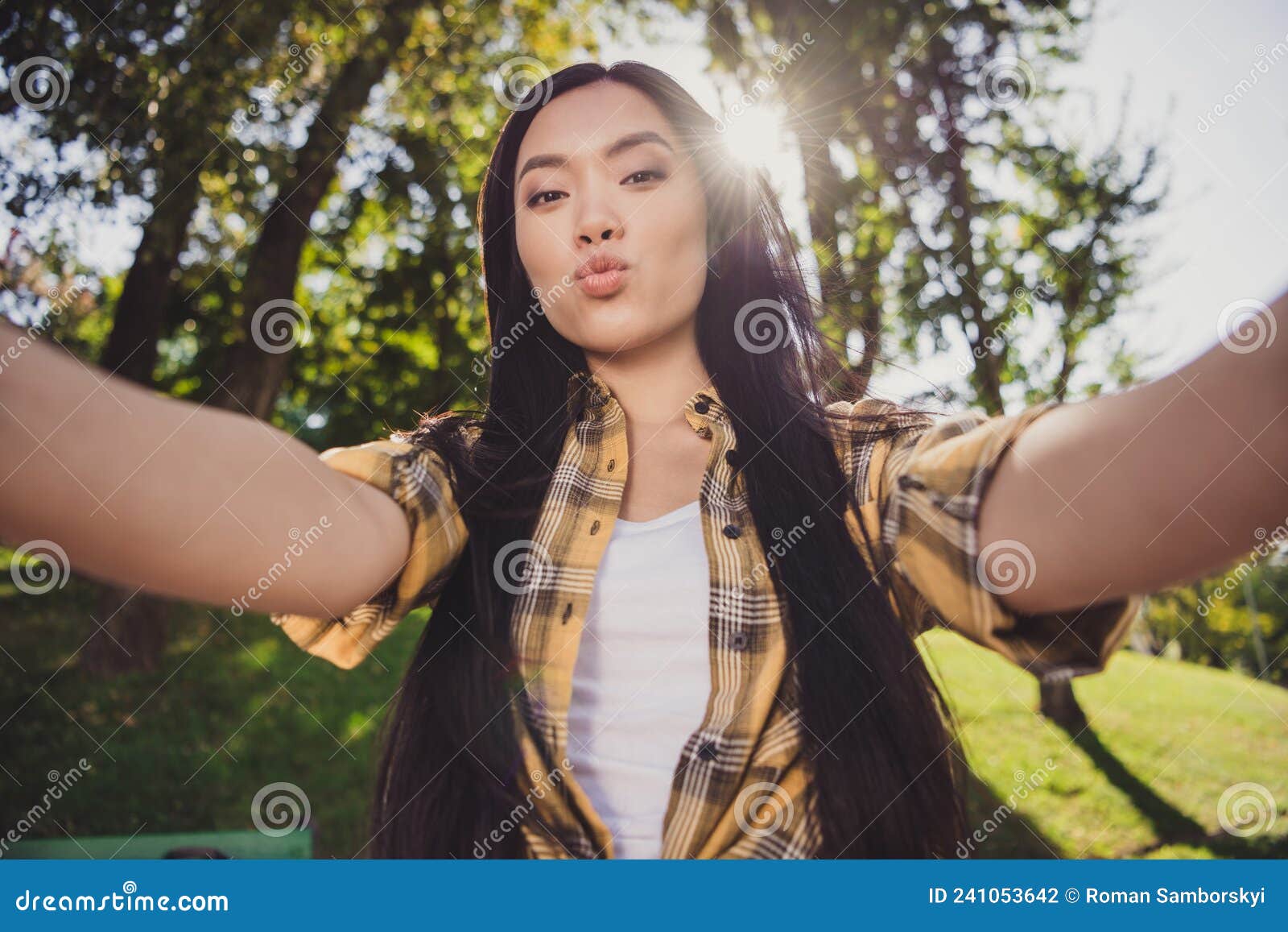 Photo Of Adorable Flirty Young Woman Dressed Plaid Shirt Walking