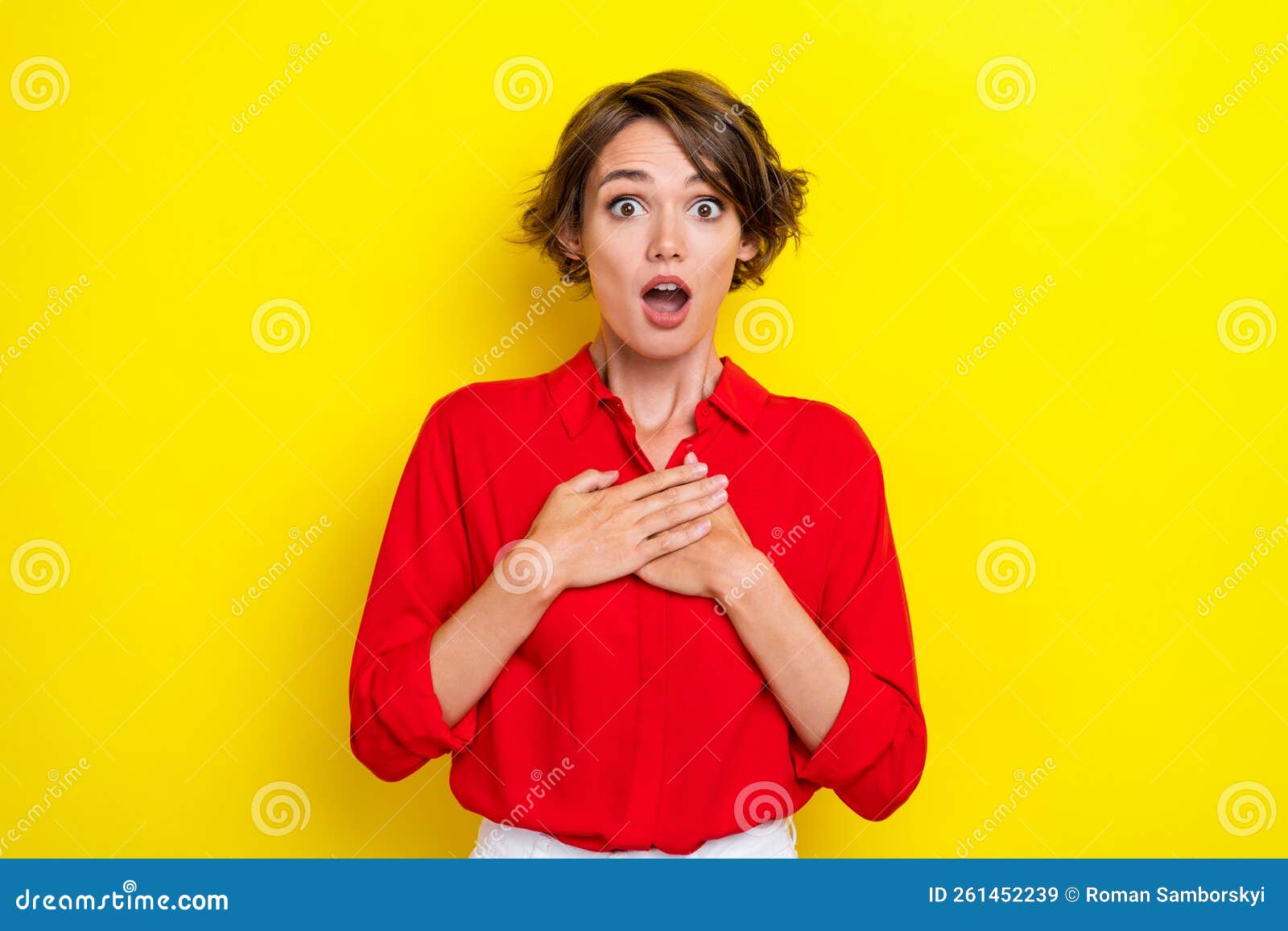 Photo Of Adorable Gorgeous Nice Girl With Bob Hairstyle Wear Red Shirt