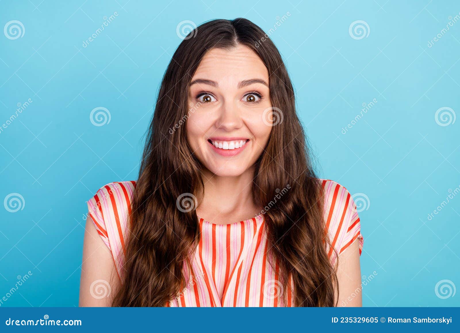 Photo Of Amazed Adorable Lady Toothy Beaming Shiny Smile Wear Striped