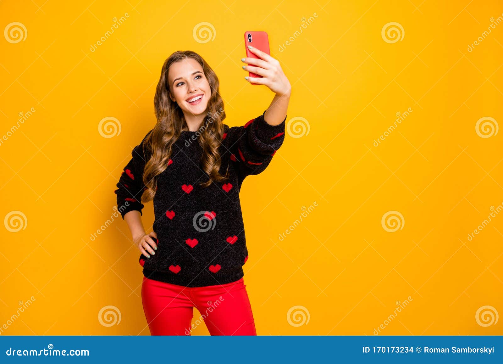 Photo Of Amazing Pretty Lady Hold Telephone Hands Making Funny Positive