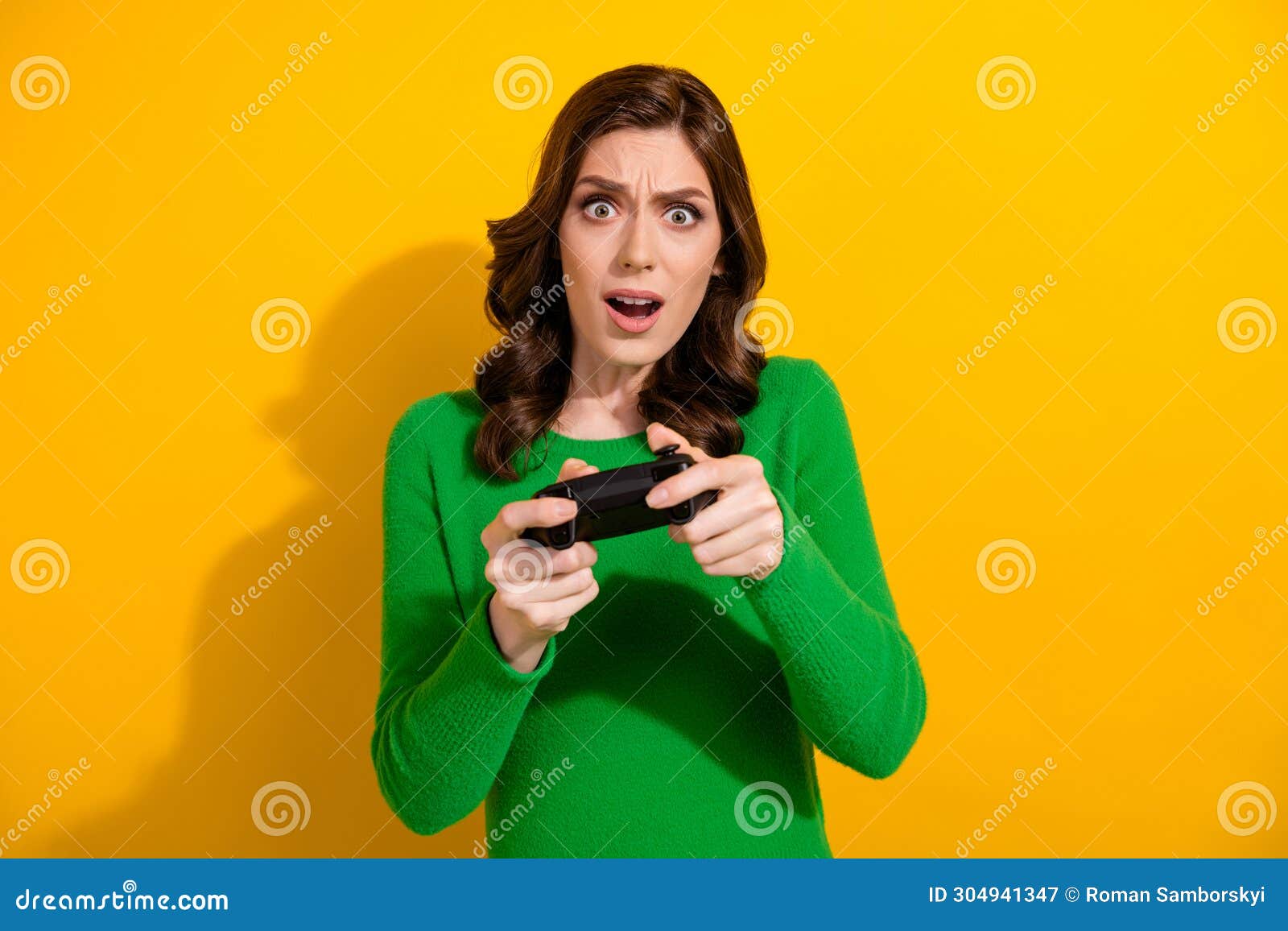 Photo Of Anxious Embarrassed Girl Wear Stylish Green Clothes Playing