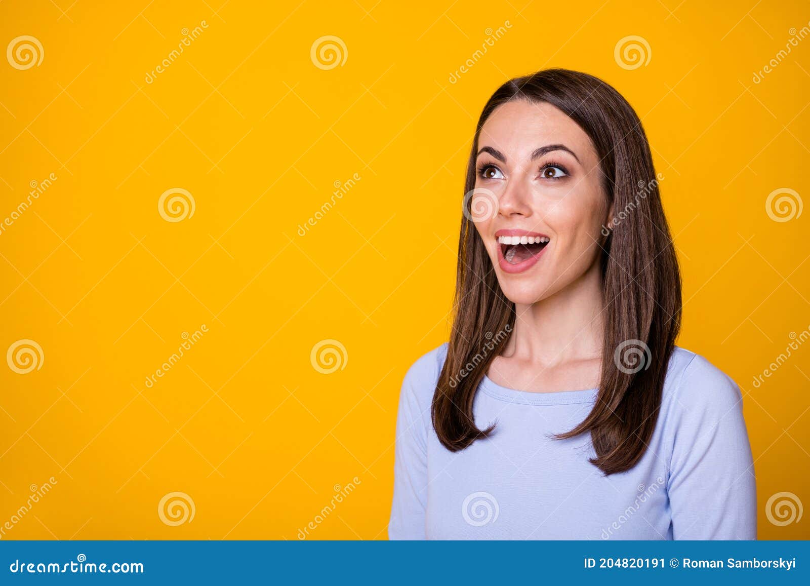 Photo Of Astonished Positive Cheerful Girl Look Copyspace Impressed