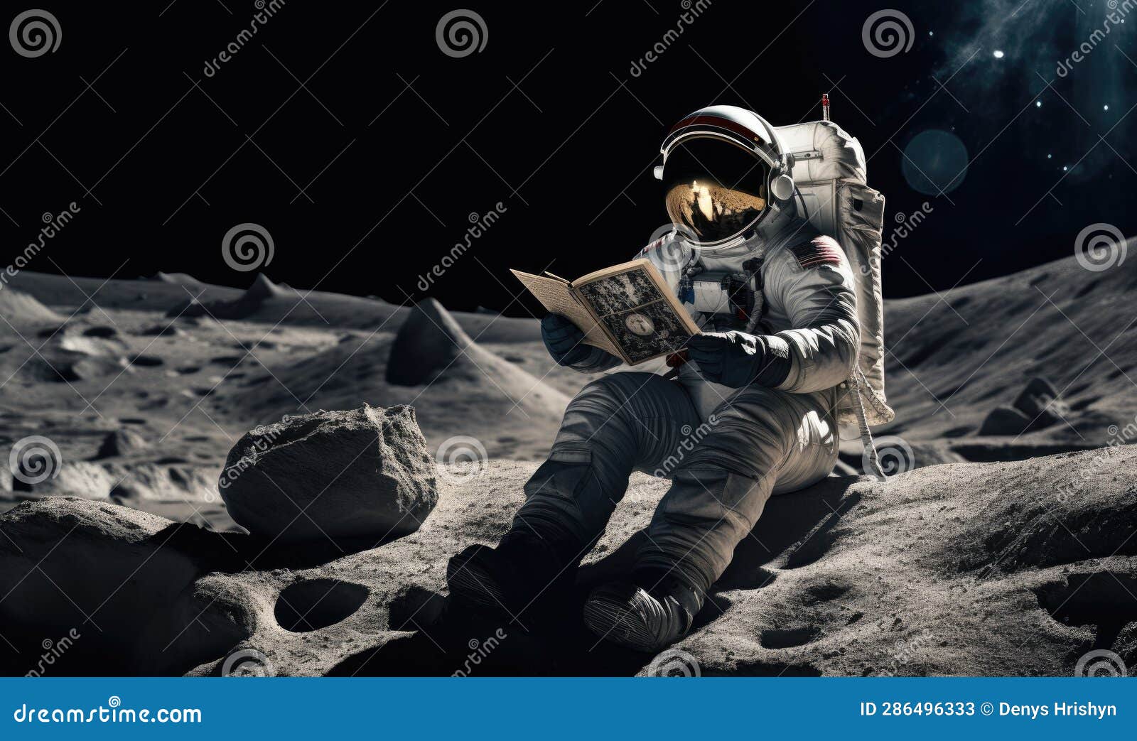 Photo of an Astronaut Reading a Book on the Moon Stock Illustration ...