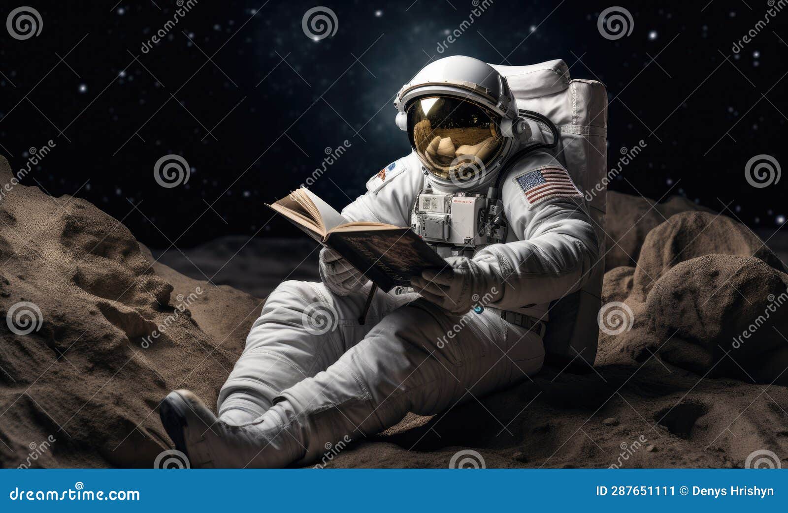 Photo of an Astronaut Reading a Book on the Surface of the Moon Stock ...