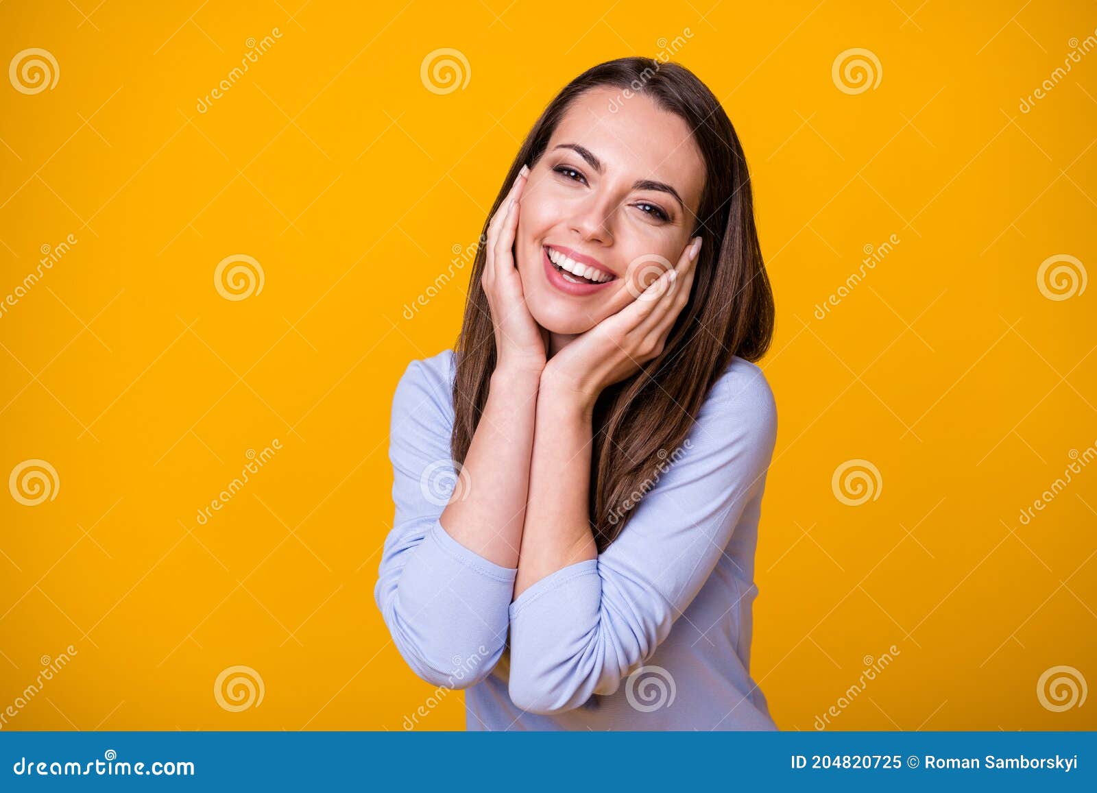 Photo Of Attractive Pretty Cheerful Lady Good Mood Arms On Cheekbones