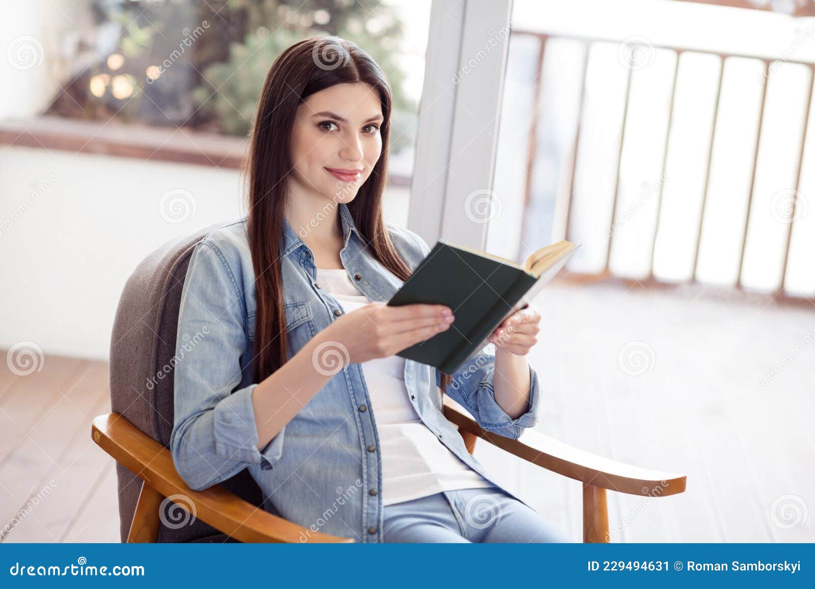 Photo Attractive Young Joyful Woman Sit Chair Read Book Hobby Good Mood
