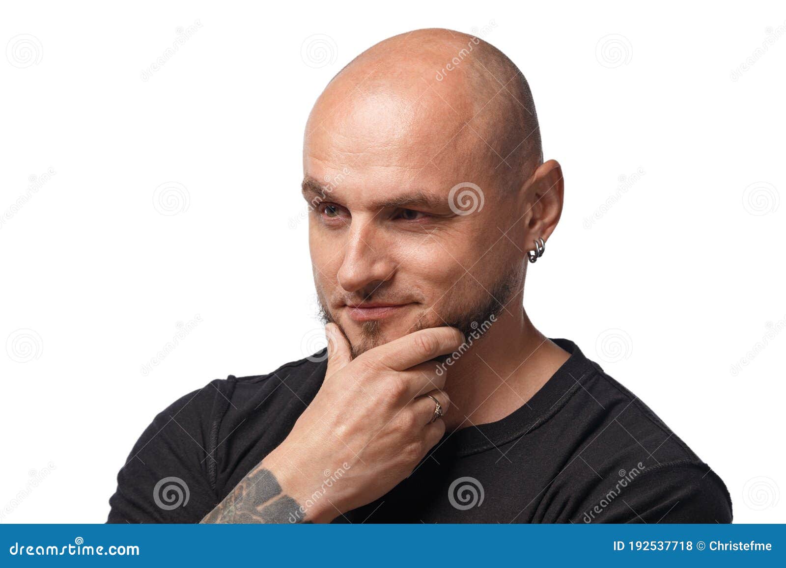 Photo Of Bald Scheming Man In Black Shirt On White Background Stock ...