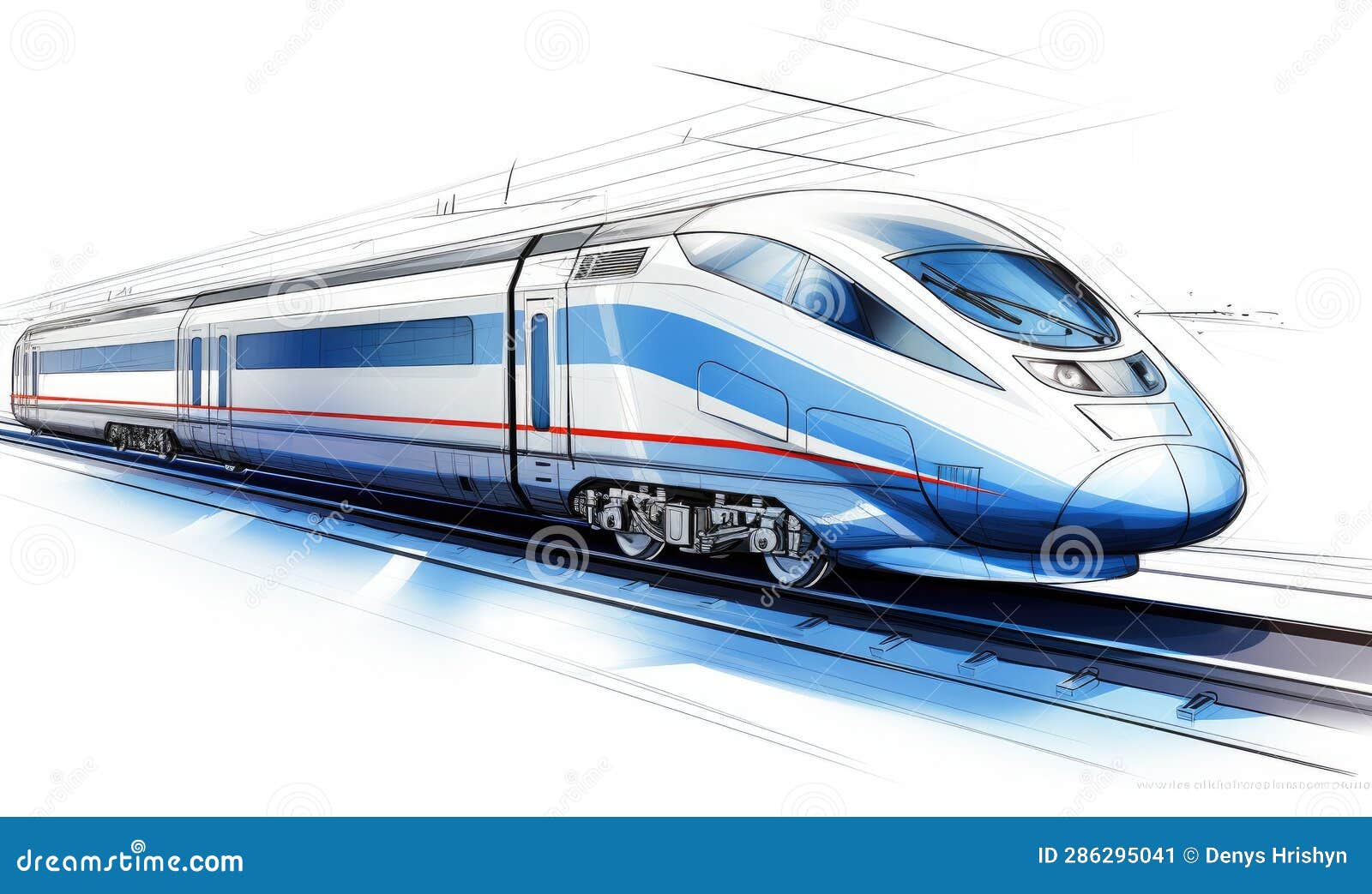 Photo of a Blue and White Train Traveling Down Train Tracks Stock ...