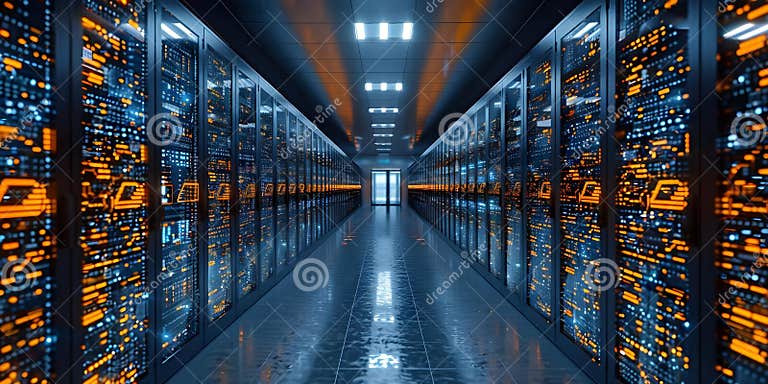 Photo of a Busy Data Center Corridor Filled with Rack Servers ...