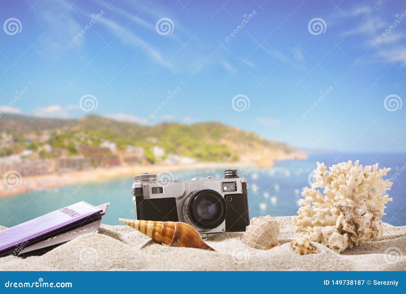 Photo Camera with Passports and Seashells on Sand Beach at Resort Stock ...
