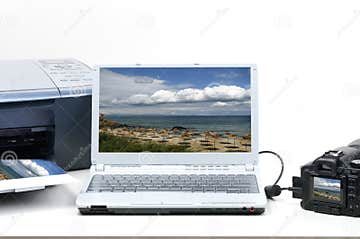 Photo Camera, Printer and Notebook Stock Photo - Image of photocamera ...