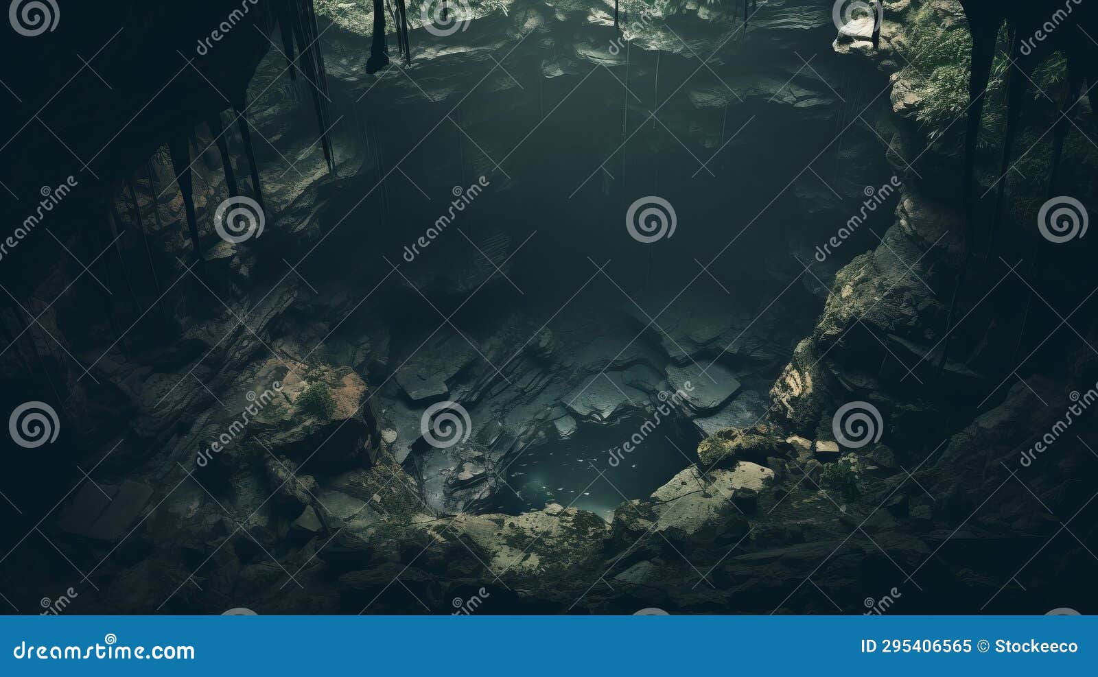 Aerial View of Enigmatic Cave with Waterfall and Dystopian Atmosphere ...
