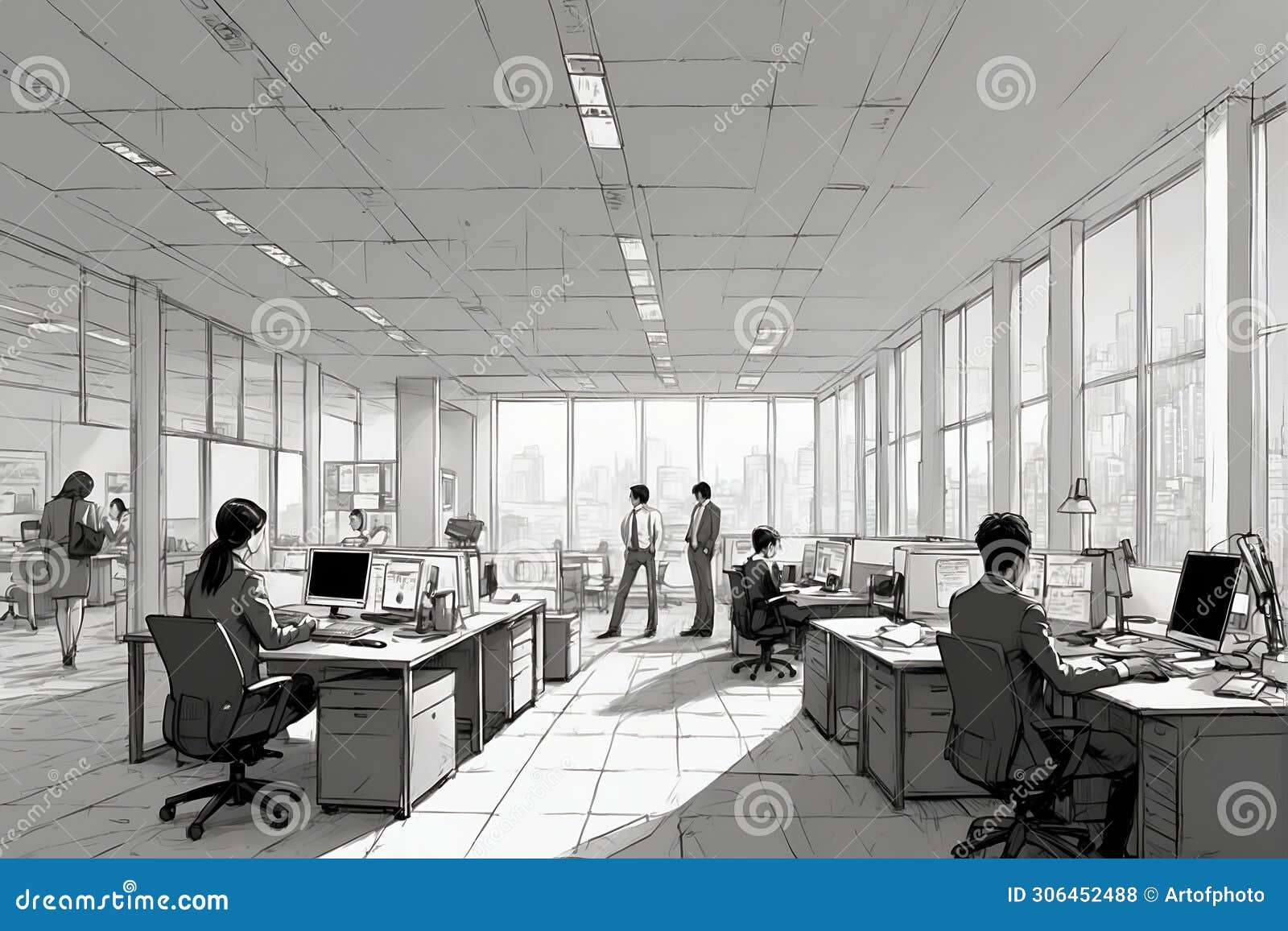 Black and White Photo of Office Workers in Action. Generative AI. Stock ...