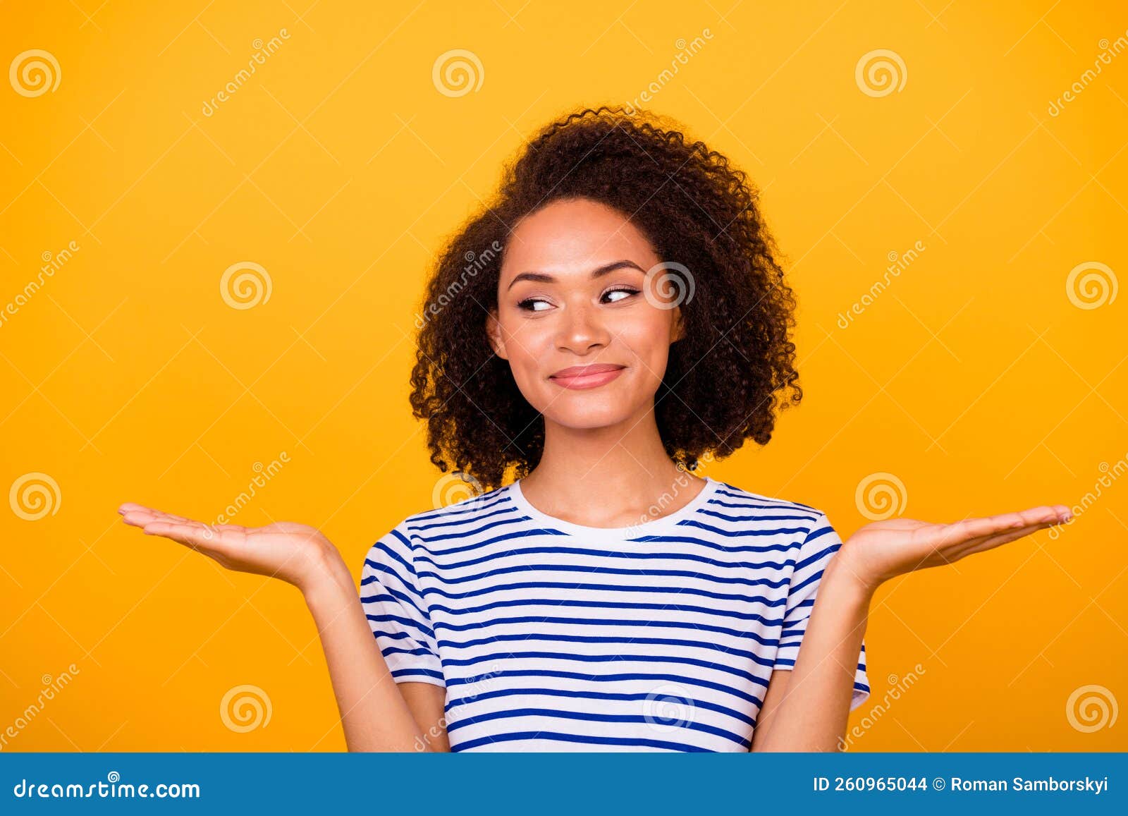 Photo of Charming Nice Lady Look Hands Hold Empty Space Solution ...