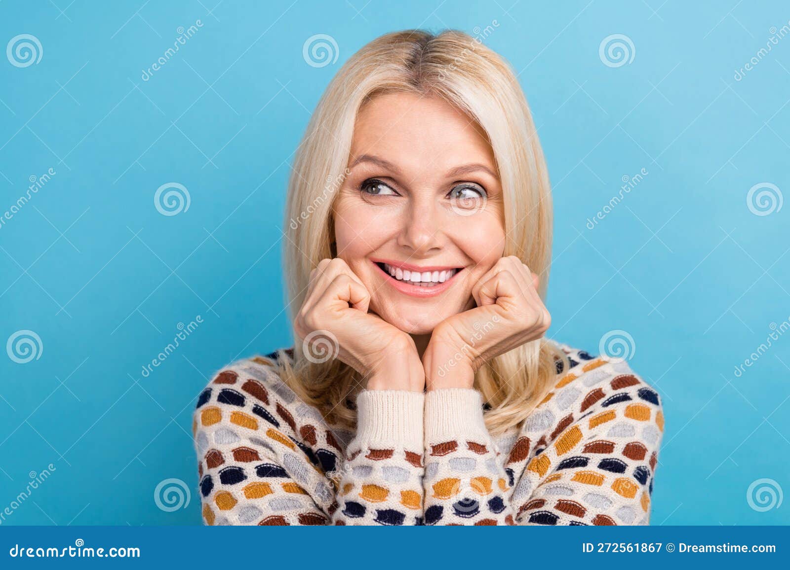 Photo of Charming Sweet Lady Dressed Pullover Arms Cheeks Looking Empty ...