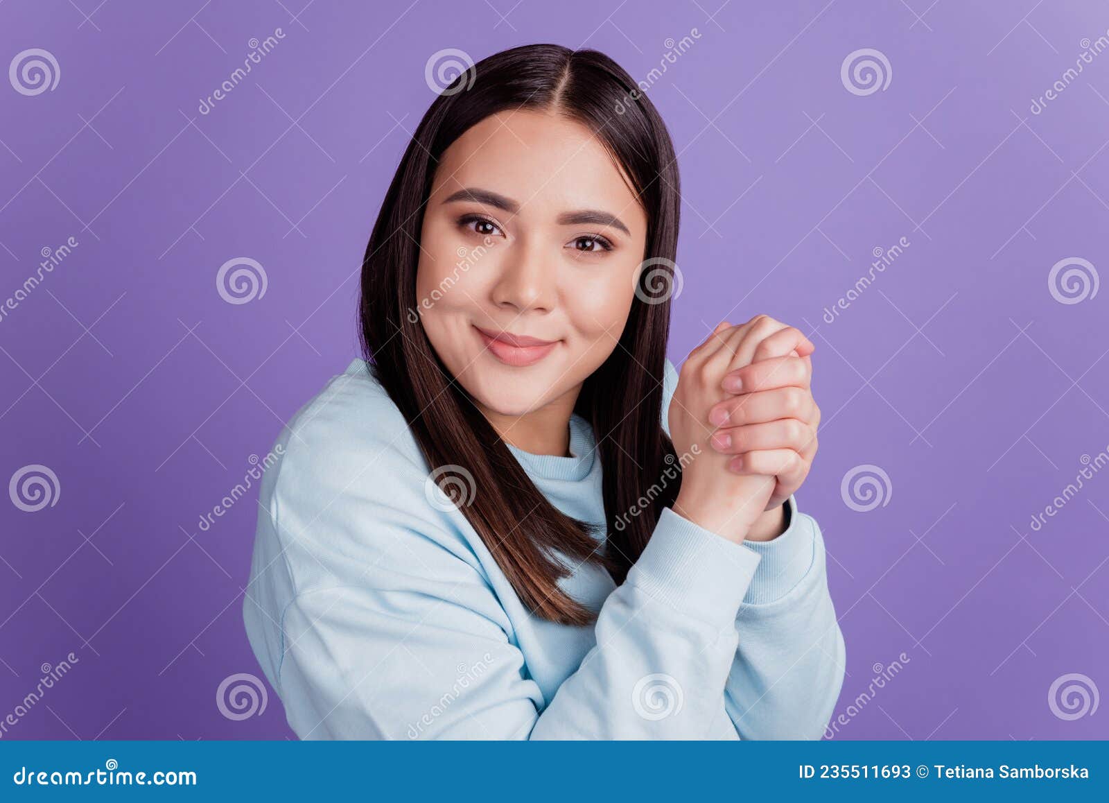 Photo Of Cheerful Adorable Nice Serene Lady Dreamy Smile Hold Hands
