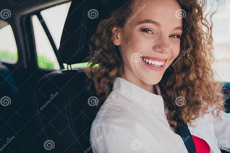 Photo Of Cheerful Attractive Lady Driver Dressed White Shirt Smiling Riding Car Going Repair