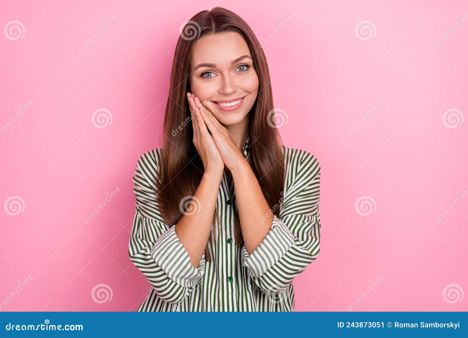 Photo Of Cheerful Lady Hands Cheek Comfy Pose White Smile Wear Striped
