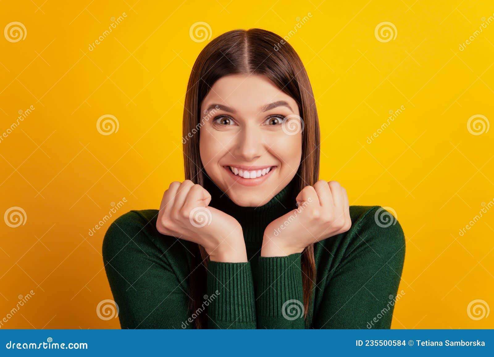 Photo Of Cheerful Nice Adorable Lady Hands Cheeks Beaming Smile Wear