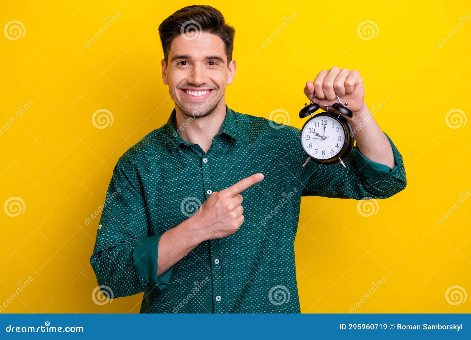 Photo Of Cheerful Satisfied Man Wear Green Stylish Clothes Showing