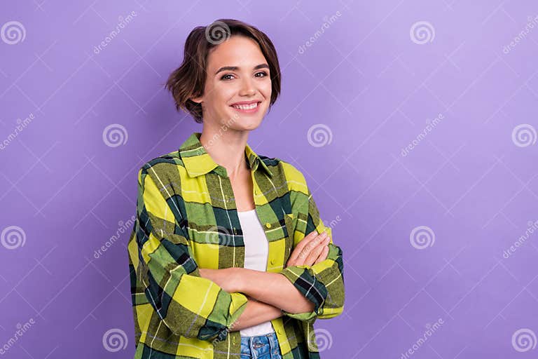 Photo Of Cheerful Young Lady Wearing Green Plaid Shirt Folded Arms