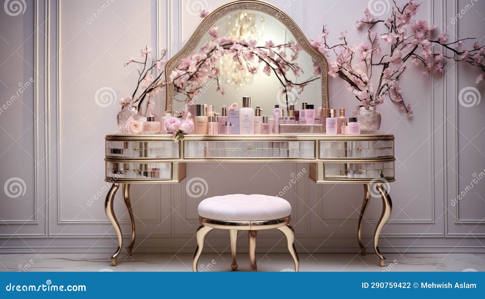 A Photo of a Chic Vanity Table and Mirror Stock Illustration ...