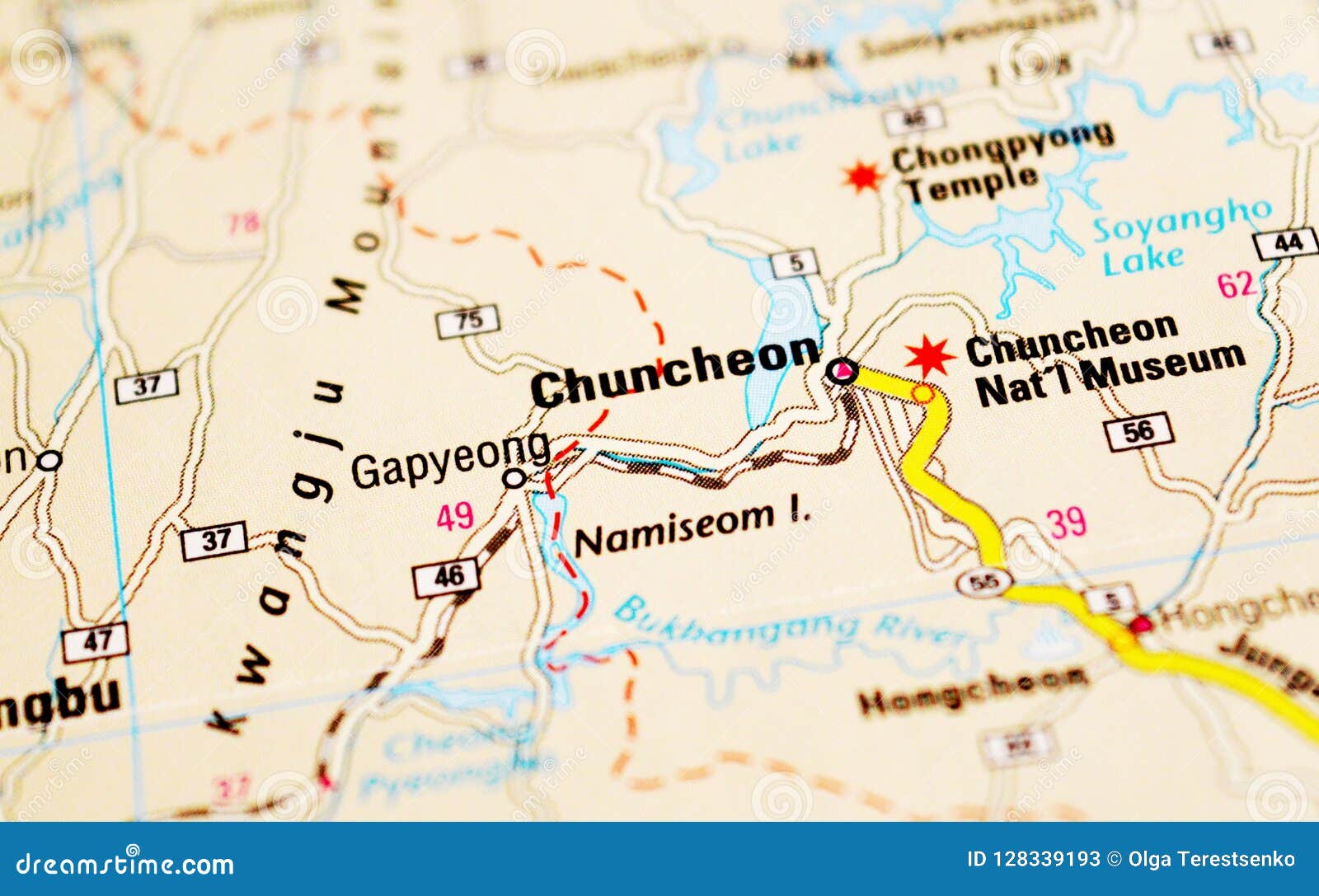 A Photo of Chuncheon on a Map Stock Image - Image of blur, global ...
