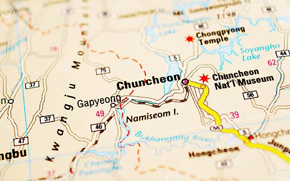 A Photo of Chuncheon on a Map Stock Image - Image of blur, global ...