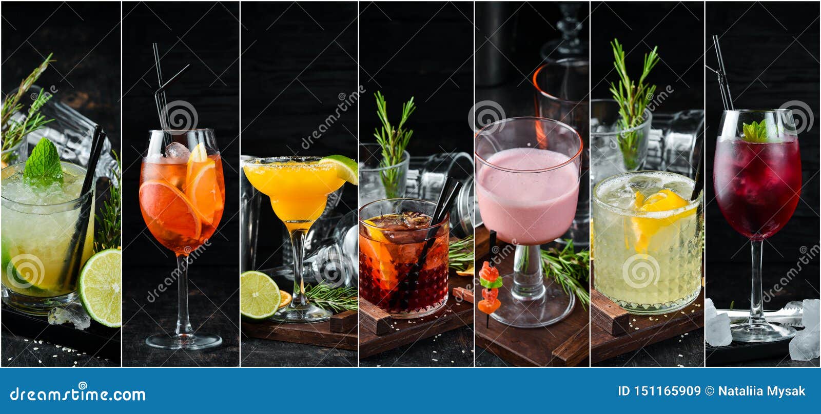 Photo Collage Alcoholic Colored Cocktails and Drinks. Stock Image ...