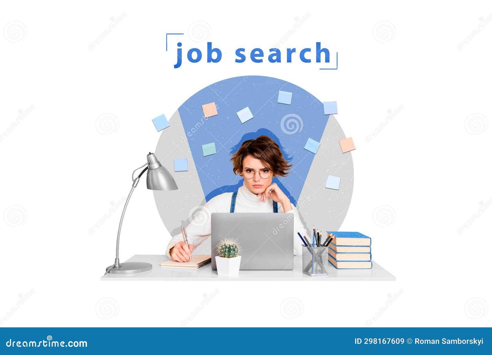 Photo Collage Image of Young Unemployed Woman Doing Job Search in ...