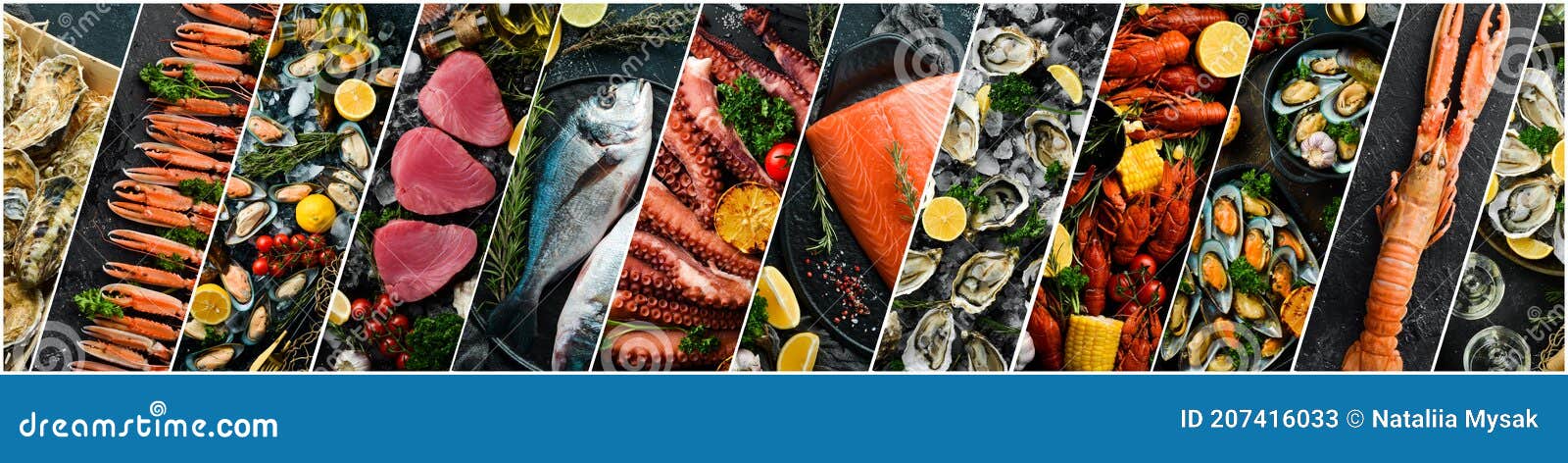 Photo Collage. Seafood: Fresh Fish, Crustaceans and Shellfish Stock ...