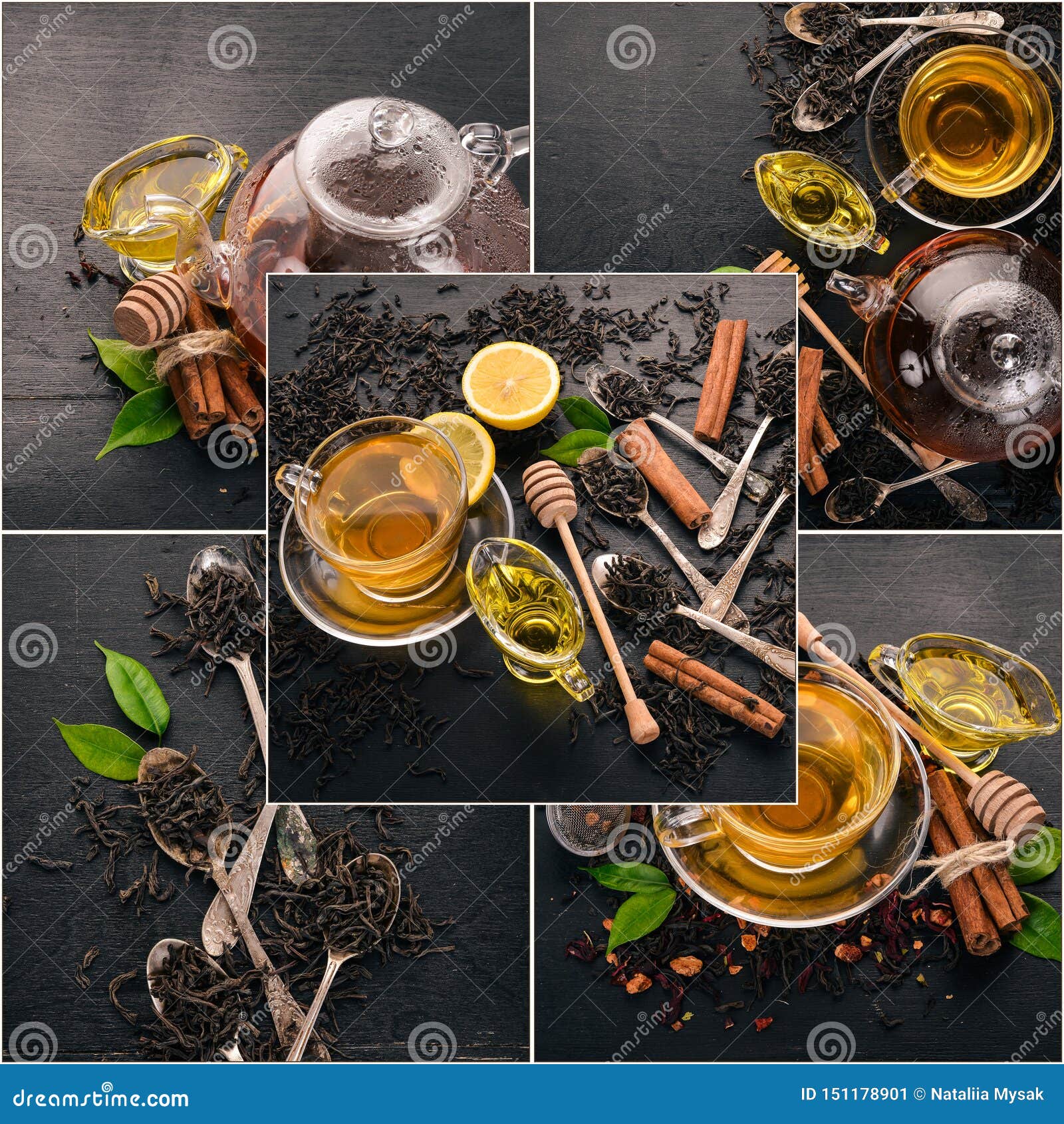 Photo Collage Tea and Tea Leaves. Stock Image - Image of glass, black ...