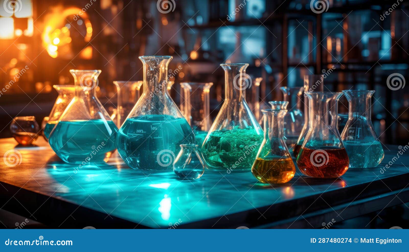 Glass Flasks For Liquid Samples Of Reagents. Laboratory Equipment For ...