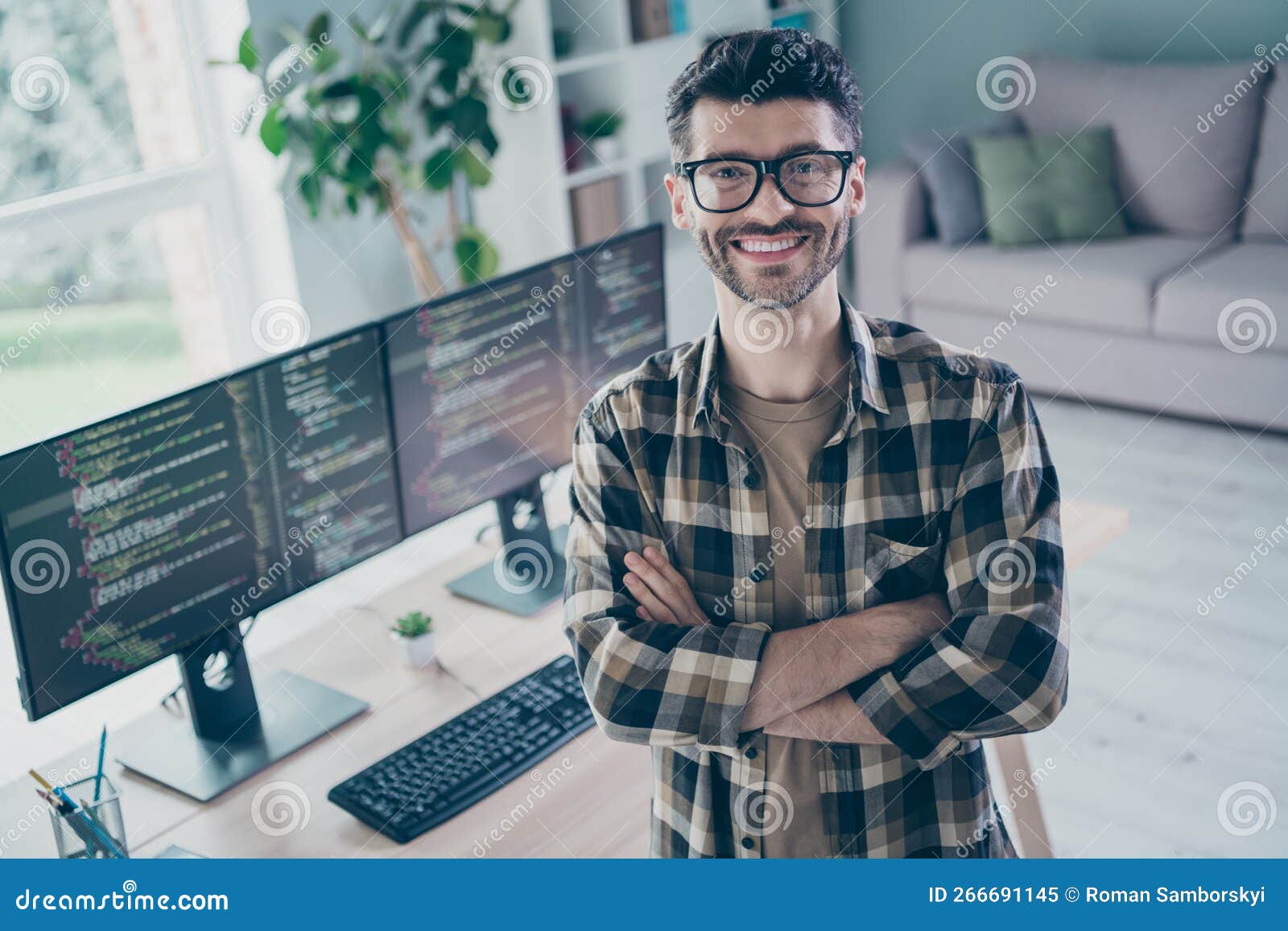 Photo of Confident Smiling Coder Dressed Eyewear Arms Folded Indoors Workplace Workstation Loft ...