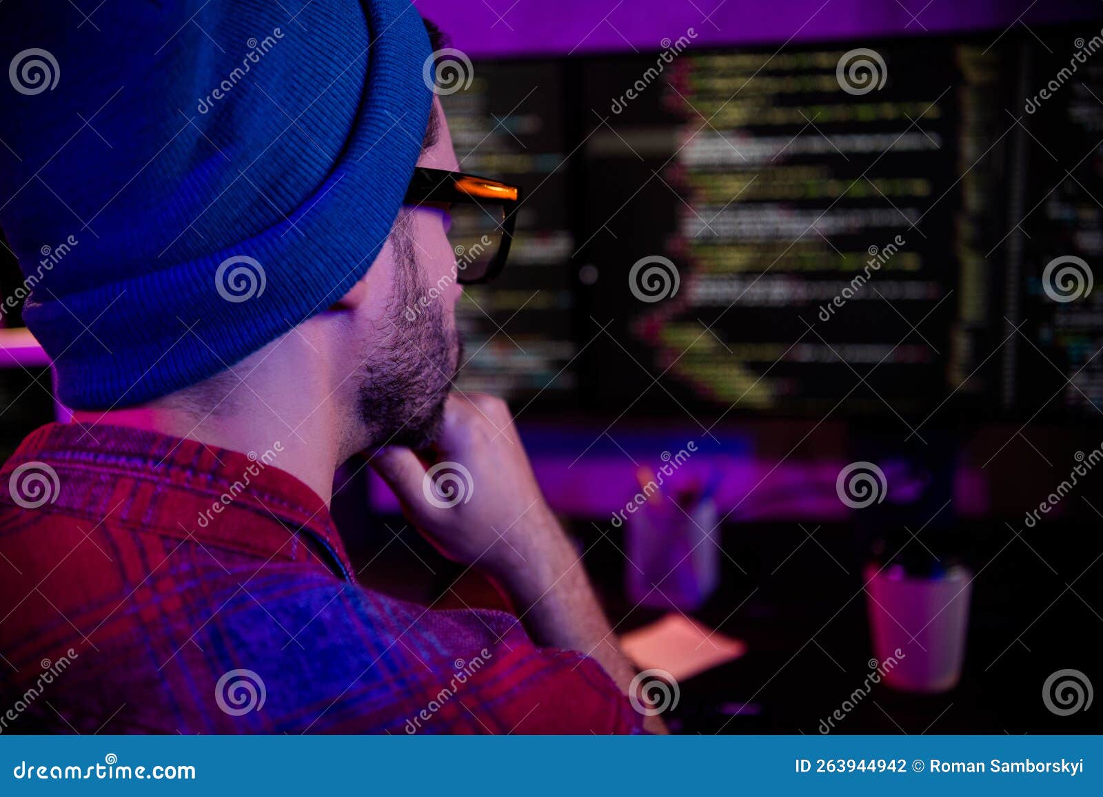 Photo of Confident Thoughtful Coder Dressed Hat Eyewear Administrating ...