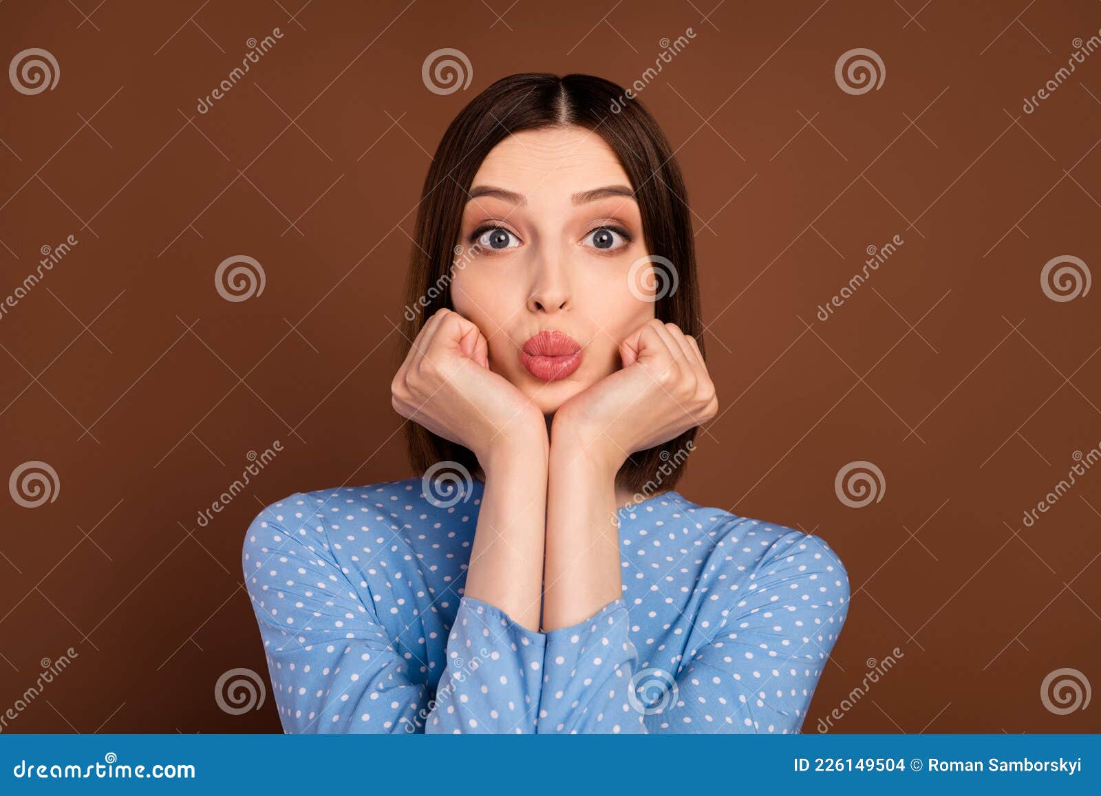 Photo Of Coquette Short Hairdo Young Lady Blow Kiss Wear Blue Blouse