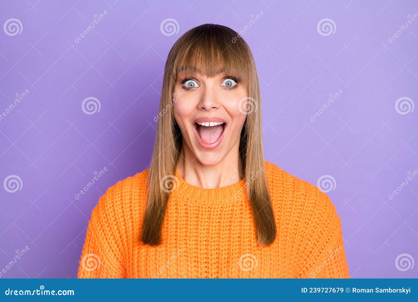 Photo Of Crazy Excited Woman Open Mouth Scream Wear Orange Pullover