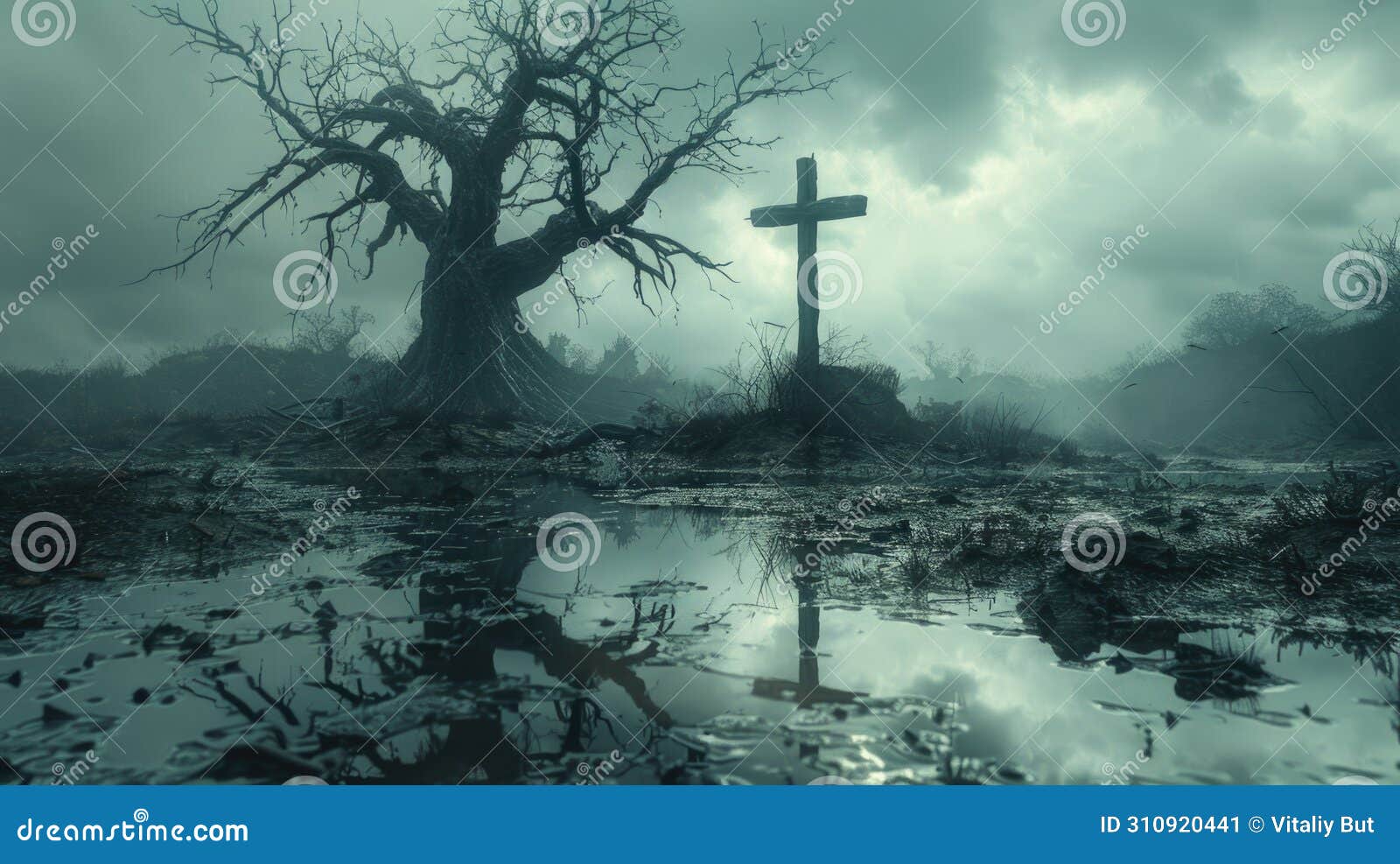 Cross Standing in Swamp. Generative AI. Stock Image - Image of ...