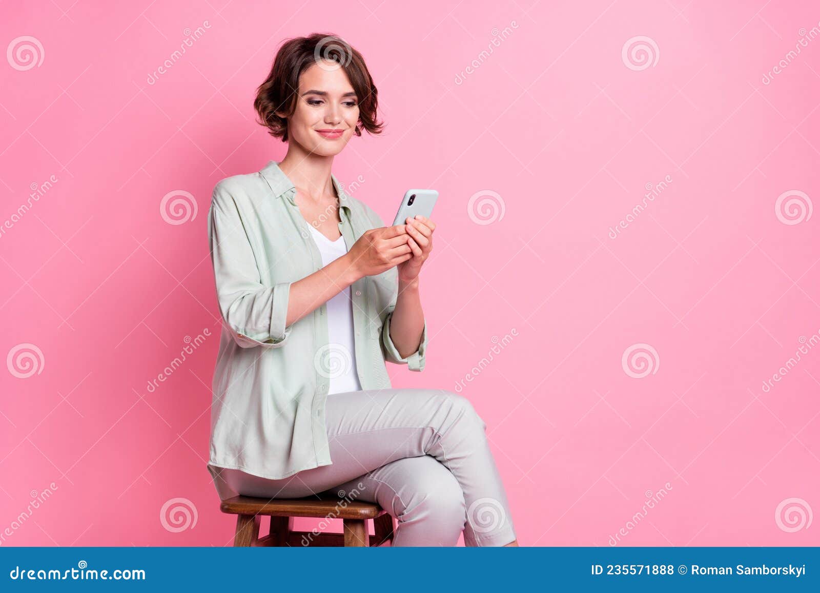 Photo Of Cute Bob Hairdo Millennial Lady Sit Look Telephone Wear Grey