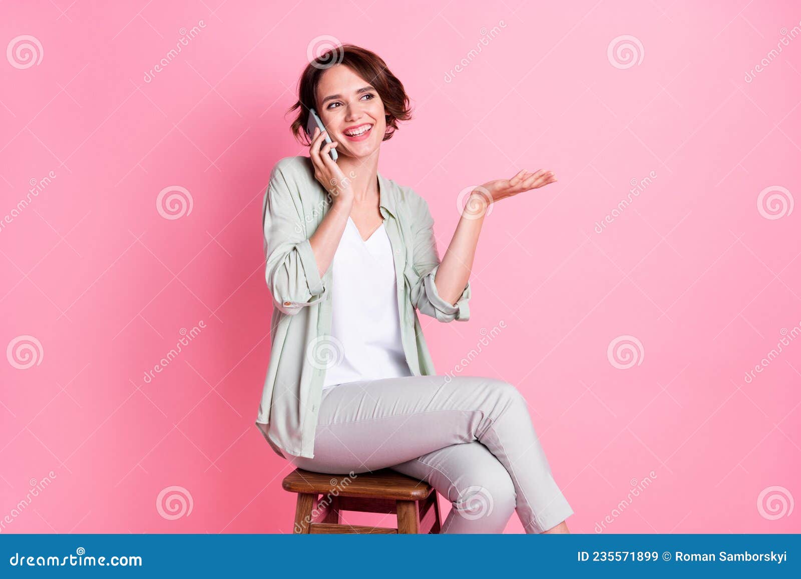 Photo Of Cute Bob Hairdo Millennial Lady Talk Telephone Wear Grey Green