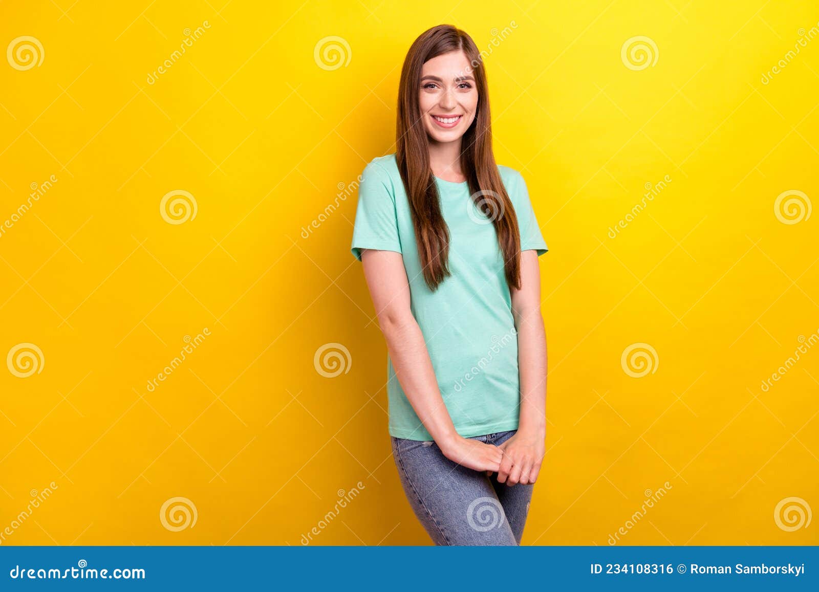 Photo Of Cute Brunette Hairdo Millennial Lady Hold Hands Wear Teal T