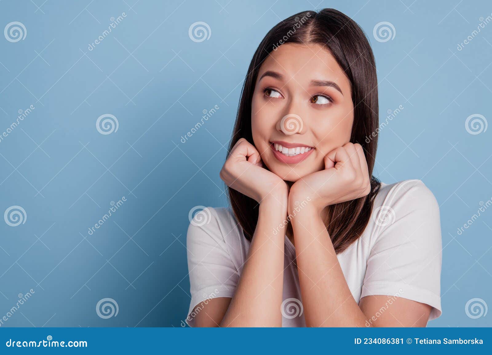 Photo Of Cute Dreamy Thoughtful Lady Hands Cheeks Look Blank Space On